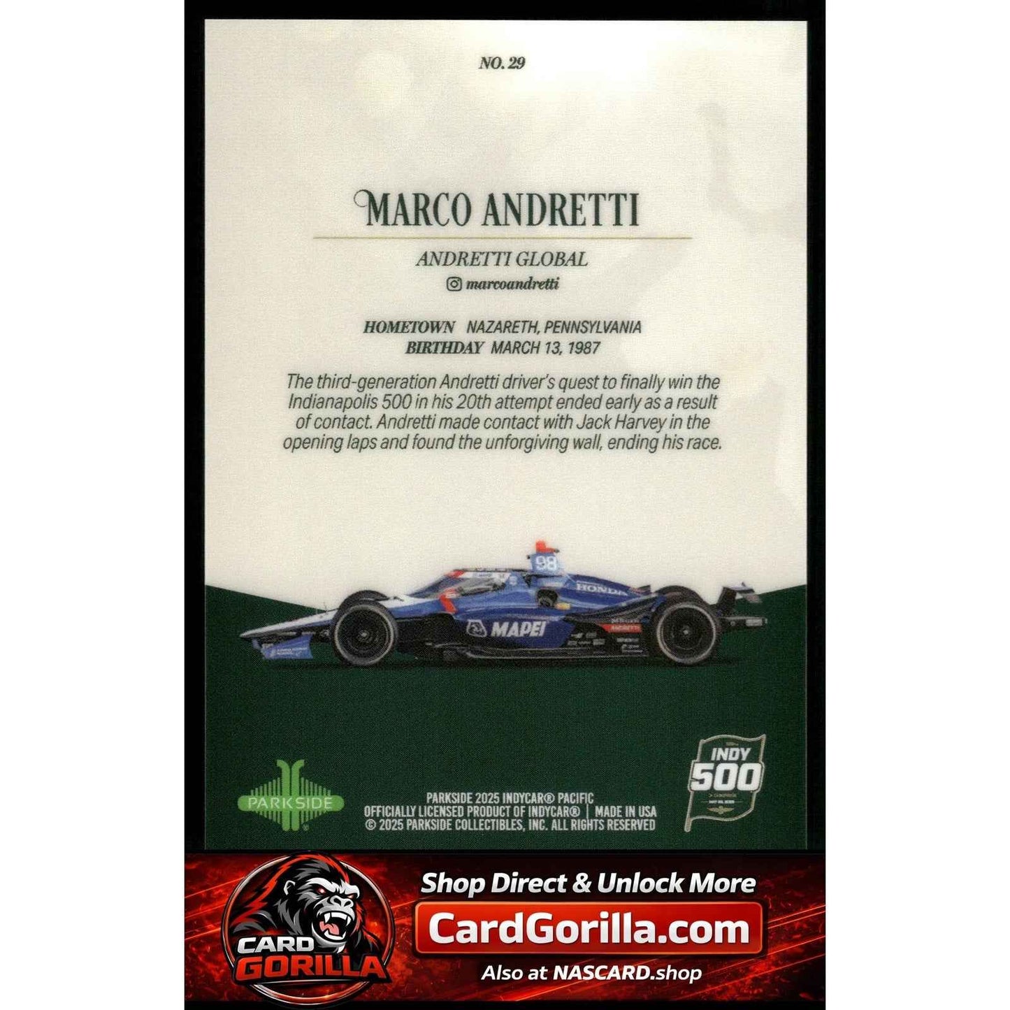 2025 Parkside Indy 500 Pacific #29 Marco Andretti Red V2 - Card Gorilla
